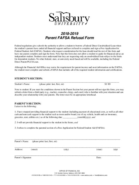 Fillable Online Parent FAFSA Refusal Form Salisbury University Fax Email Print