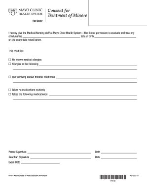 Fillable Online Consent Form For The Treatment Of Minors Mayo Clinic
