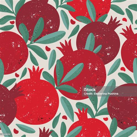 빈티지 배경에 붉은 석류 과일과 씨앗과 원활한 패턴 육즙이 많은 열대 과일 디자인 벽지 직물 포장지 또는 장식 손으로 그린