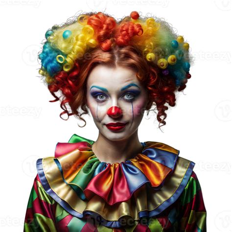 Colorful Clown With Vibrant Curly Wig And Painted Face Poses Against A
