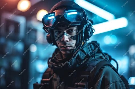 Premium Ai Image Portrait Of Futuristic Armed Soldier And Blurred