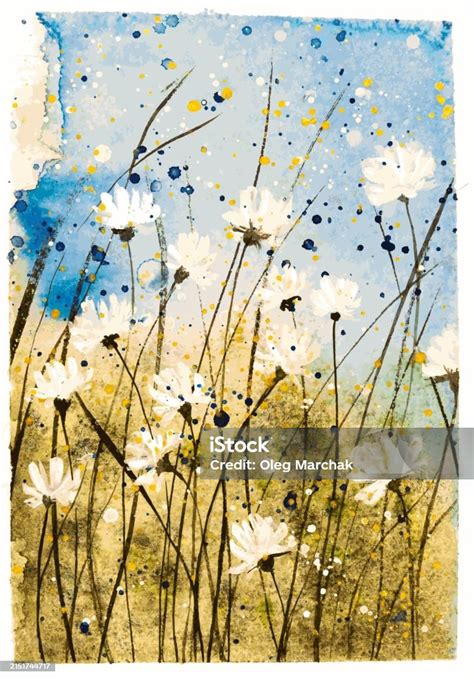 小さな野の花の手描きの水彩画咲く白い花びらつぼみ茎カモミール植物のシルエット抽象的な背景牧草地花畑の茂みと風景画 抽象的のベクターアート