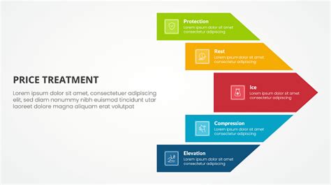 Price 치료 치료 인포 그래픽 개념 슬라이드 프리젠 테이션 큰 화살표 모양 플랫 스타일의 5 포인트 목록이있는 오른쪽 방향 0명에 대한 스톡 벡터 아트 및 기타 이미지