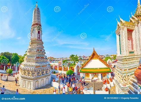 Panorama Of The Courtyard Of Wat Arun Temple With Great White Corner