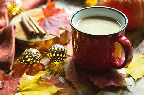 테이블에 뜨거운 코코아가있는 빨간 머그컵에는 떨어지는 단풍 나무 둥근 램프 화환 계피 스틱 따뜻한 담요 가을 분위기 따뜻한 커피 흰색 스웨터에 여성의 손 아늑함과 편안함 0