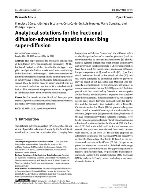 Pdf Analytical Solutions For The Fractional Diffusion Advection Equation Describing Super
