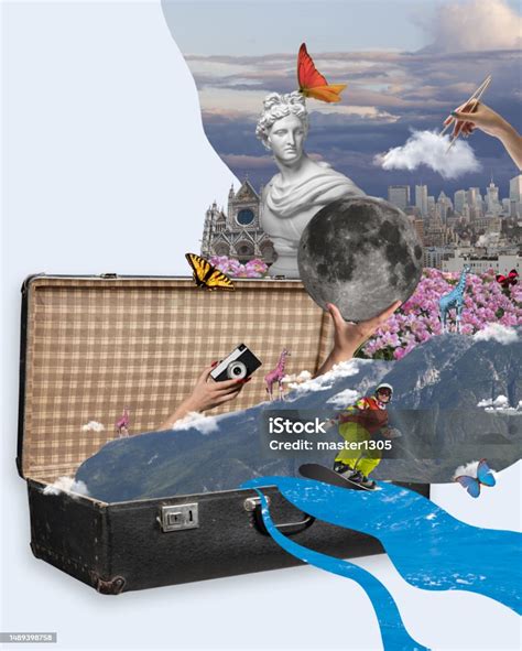 여행 속성이 있는 창의적인 디자인 전 세계 관광 여름과 겨울 시즌 도시와 자연의 랜드마크 현대 미술 콜라주 합성 이미지에 대한 스톡 사진 및 기타 이미지 Istock