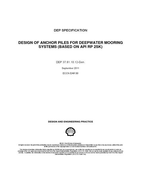 Dep 37 81 10 12 Gen Design Of Anchor Piles For Deepwater Mooring Systems Based On Api Rp 2sk