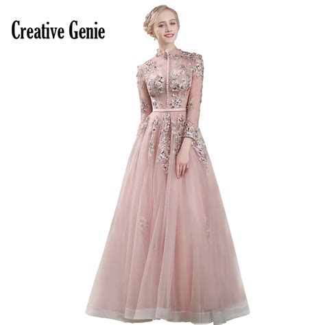 Stand Collar Embroidered Long Evening Gowns Align Ground Length Dress