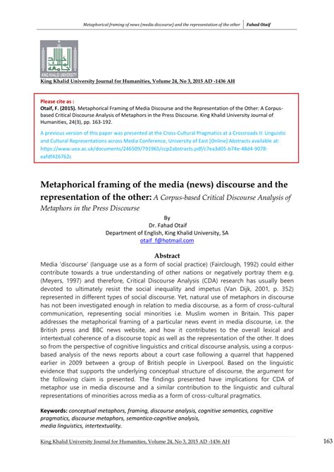 Pdf Otaif F 2015 Metaphorical Framing Of Media Discourse And The Representation Of The
