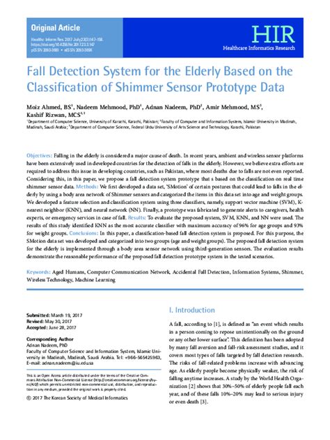 Pdf Fall Detection System For The Elderly Based On The Classification Of Shimmer Sensor