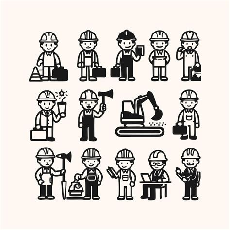 건설 노동자 와 소방관 의 흑백 그림 프리미엄 벡터