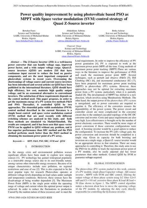 PDF Power Quality Improvement By Using Photovoltaic Based PSO As MPPT