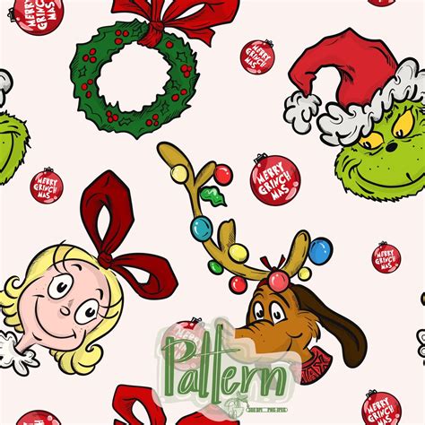 Festive Grinch Christmas Seamless Pattern Png Jpeg Holiday Wreaths Digital Download Hand