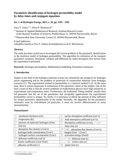 Pdf Parametric Identification Of Hydrogen Permeability Model By Delay Times And Conjugate