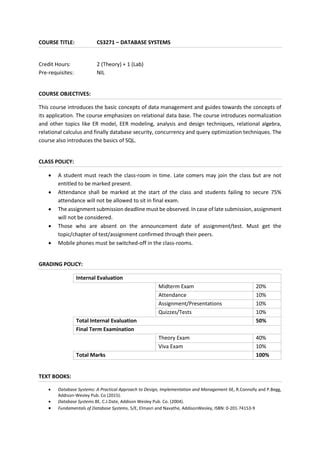 CS Database Systems Course Outline PDF