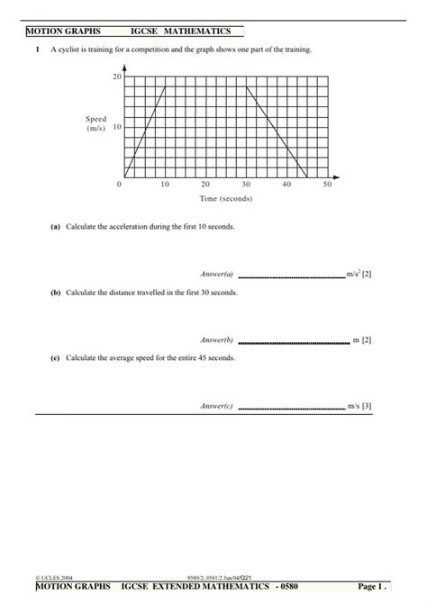 Motion Graphs Worksheet Igcse Stuvia Us
