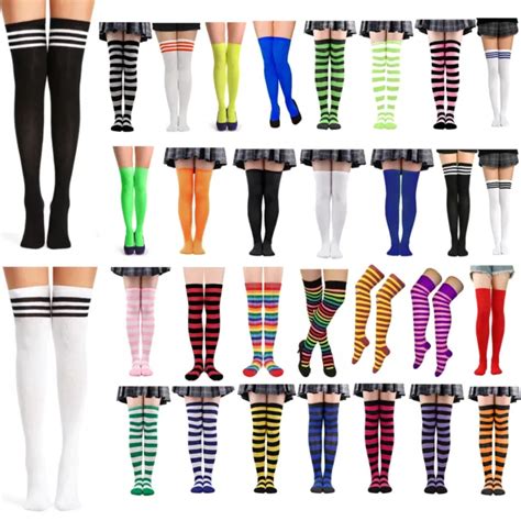 Ladies Girls Over The Knee Thigh High Long Socks Plain And Thin Stripes Tube Tight £999 Picclick Uk