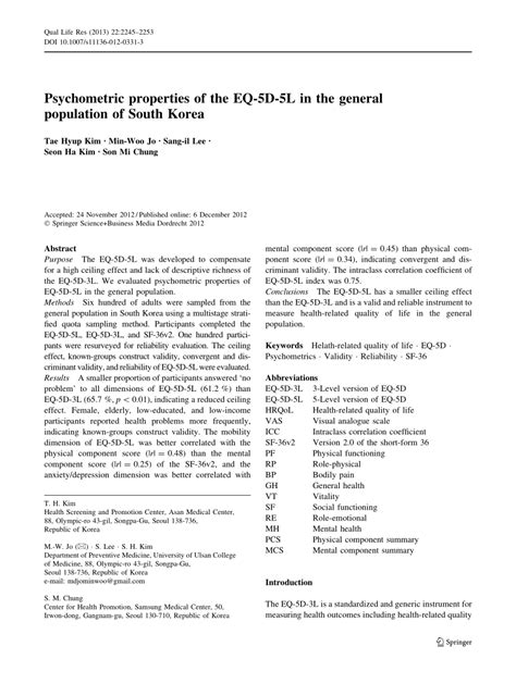 Pdf Psychometric Properties Of The Eq 5d 5l In The General Population