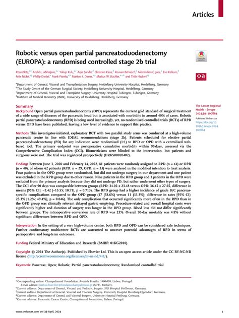 Pdf Robotic Versus Open Partial Pancreatoduodenectomy Europa A Randomised Controlled Stage