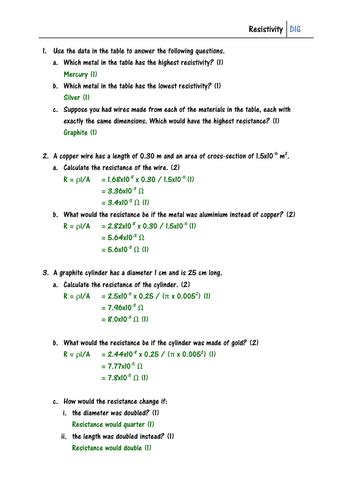 Resistivity Calculations Worksheet Teaching Resources