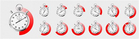 현실적인 클래식 스톱워치 샤이니 메탈 크로노미터 다이얼이 있는 타임 카운터 분과 초를 보여주는 빨간색 카운트다운 타이머 스포츠 시작 및 종료에 대한 시간 측정 벡터 그림 0