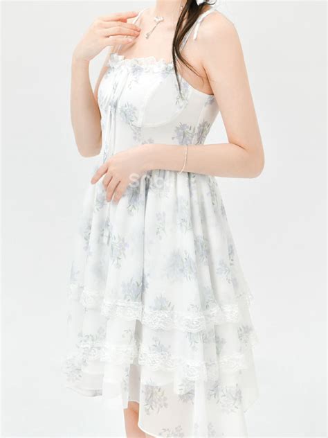 White Floral Pattern Dress Flounce Hem Lace Trim