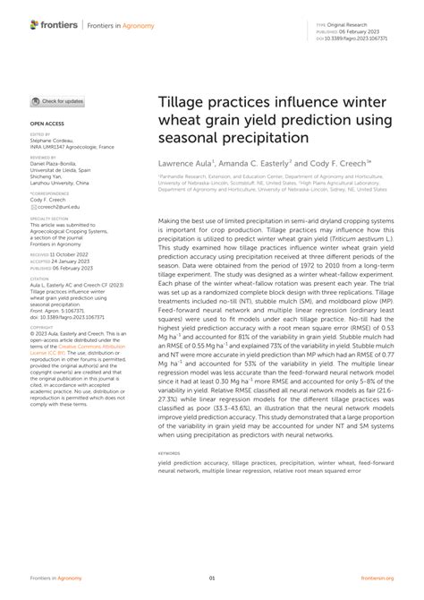 Pdf Tillage Practices Influence Winter Wheat Grain Yield Prediction Using Seasonal Precipitation