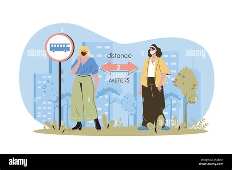 Social Distance Web Character Concept Women In Medical Masks Keep