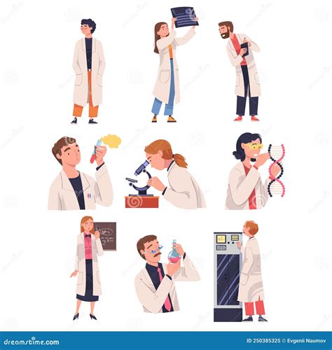 People Scientist Character Working In Laboratory Engaged In Research Vector Set Stock Vector