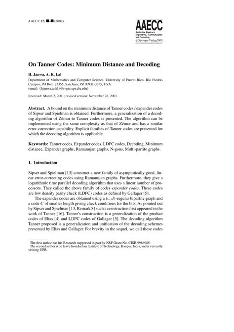 Pdf On Tanner Codes Minimum Distance And Decoding