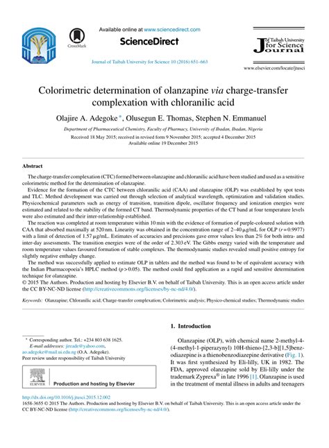Pdf Colorimetric Determination Of Olanzapine Via Charge Transfer Complexation With Chloranilic