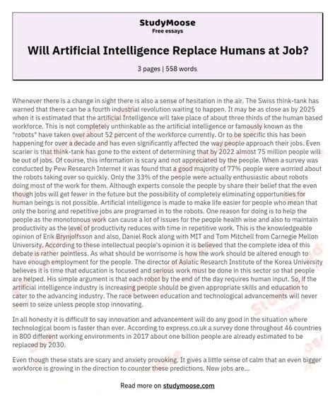 will artificial intelligence replace humans at job free essay example