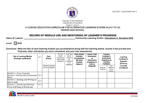 Als Shs Assessment Form 2 Record Of Module Use And Progress Studocu