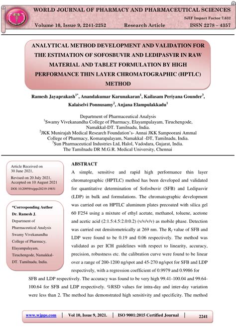 Pdf Analytical Method Development And Validation For The Estimation Of Sofosbuvir And