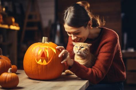 Premium Photo Woman Carves Pumpkin For Halloween