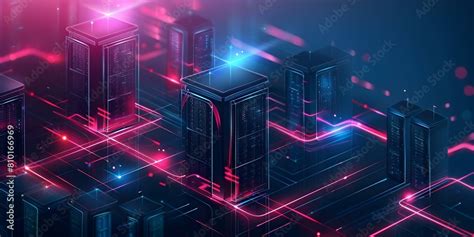 Isometric Style Representation Of A Modern Cloud Technology Data Center With Neon Colors