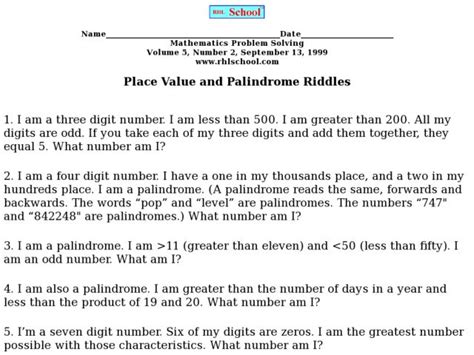 Place Value And Palindrome Riddles Worksheet For 3rd 6th Grade