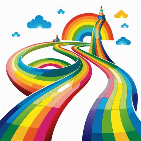 Colorful Rainbow Path Leading To A Tower Under A Rainbow With White Clouds Premium Ai