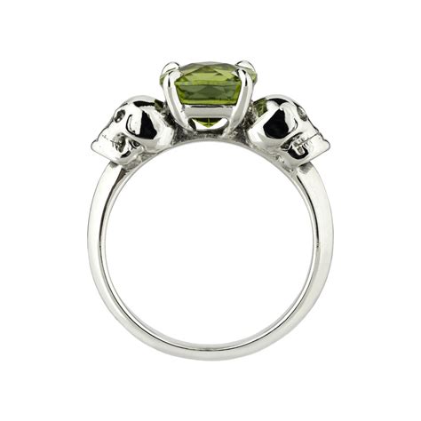 9ct White Gold And Peridot Double Skull Ring Baroque Jewellery
