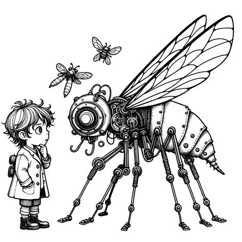 Un Copil Privește Cu Curiozitate Un Insect Mecanic Cu Aripi Din Sârmă Imagine De Colorat