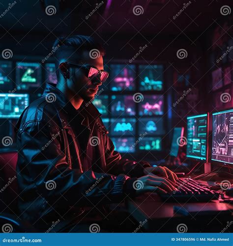 Cyberpunk Hacker In A Dark Room Multiple Screens Neon Glow Dystopian