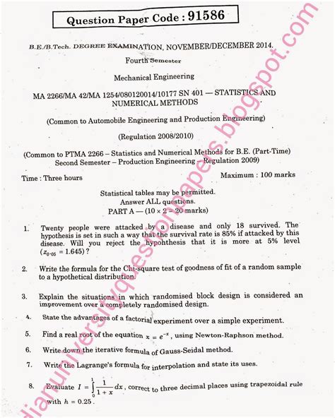 Ma2266 Statistics And Numerical Methods B E Mech Anna University R 2008 Question Paper Nov Dec