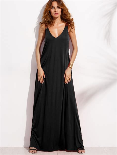 Black Double V Neck Sleeveless Maxi Tent Dress Emmacloth Women Fast