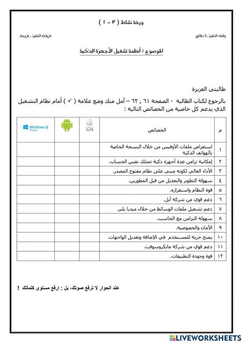 أنظمة تشغيل الأجهزة الذكية Worksheet Live Worksheets