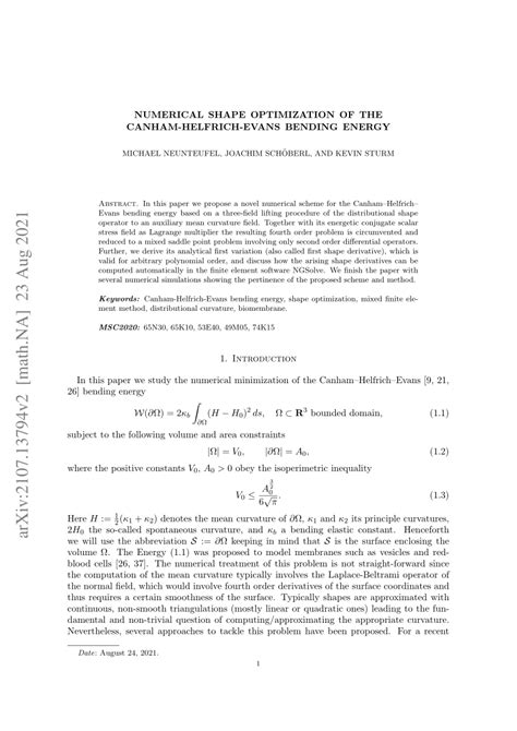 Pdf Numerical Shape Optimization Of The Canham Helfrich Evans Bending Energy