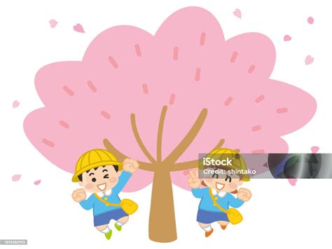만개한 벚꽃 나무 앞에서 뛰어오르는 유치원생 유치원 유치원 3월에 대한 스톡 벡터 아트 및 기타 이미지 3월 4월 개화기