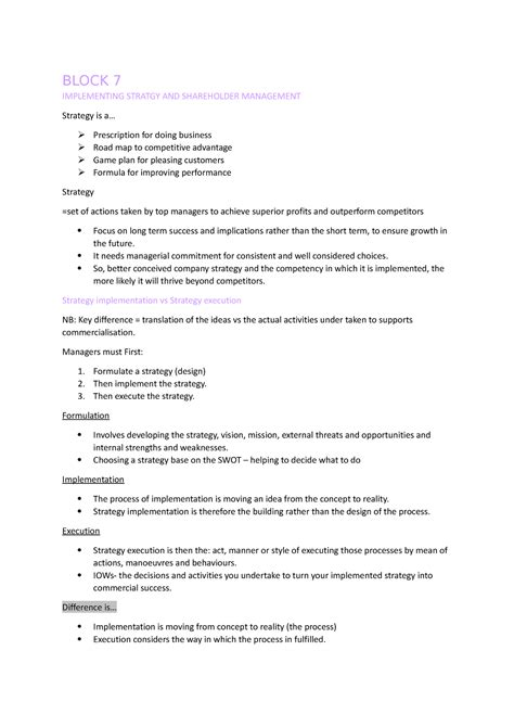 Obs Block 7 Obs 330 Notes Based Of Off Lectures Block 7 Implementing Stratgy And