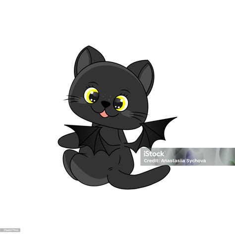 コウモリの羽の白い背景を持つかわいいハロウィーンの黒い子猫ハロウィンパーティーのキャラクターデザインコウモリ猫 お祝いのベクターアート素材