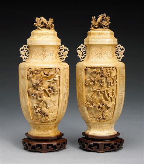 Bonhams A Pair Of Carved Ivory Vases 20th Century